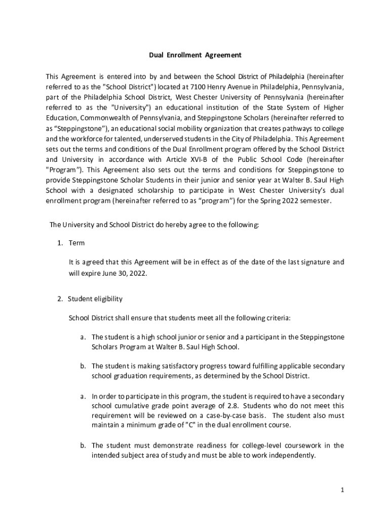 Fillable Online Dual Enrollment Agreement This Agreement is entered into by and between ... Fax ...