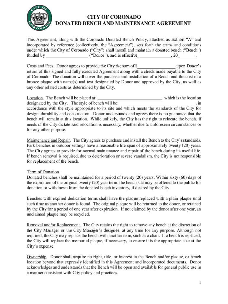 Fillable Online PDF Donated Bench Maintenance Agreement.pdf - City of Coronado Fax Email Print ...
