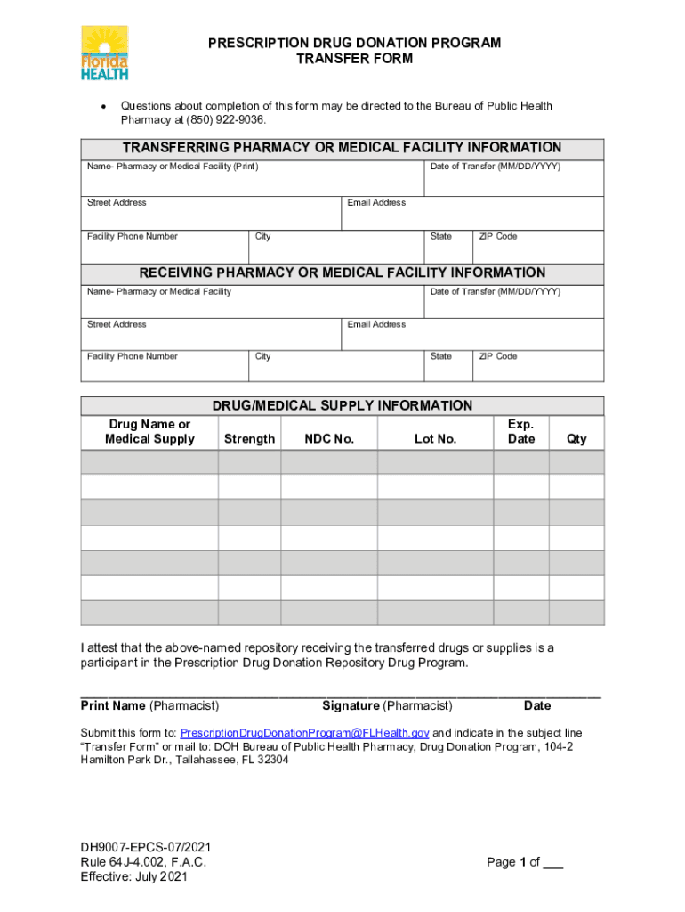 Fillable Online PRESCRIPTION DRUG DONATION PROGRAM TRANSFER FORM ...