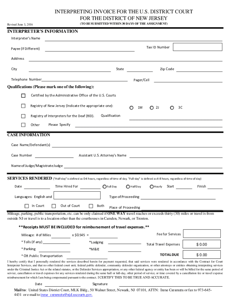 Fillable Online INTERPRETING INVOICE FOR THE U.S. DISTRICT COURT Fax ...