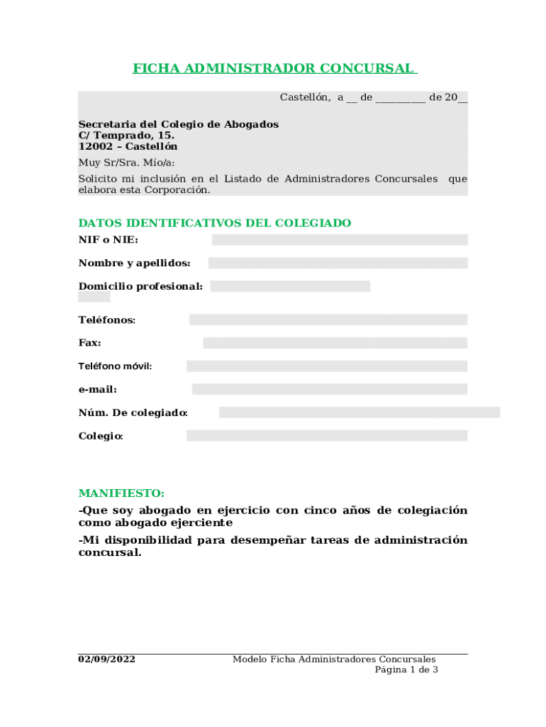 Ficha administrador concursal sobre la de perito Doc Template | pdfFiller
