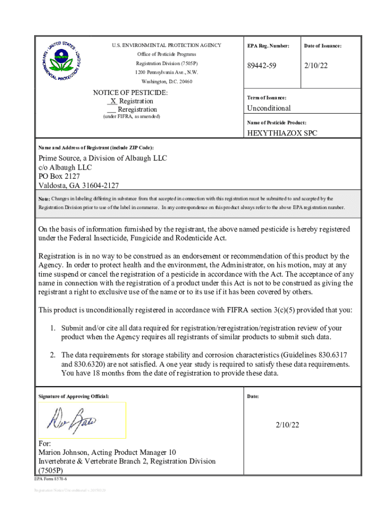 Fillable Online US EPA, Pesticide Product Label, Hexythiazox SPC,02/10 ...