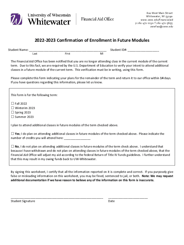 Fillable Online 2022-2023 Confirmation of Enrollment in Future Modules ...