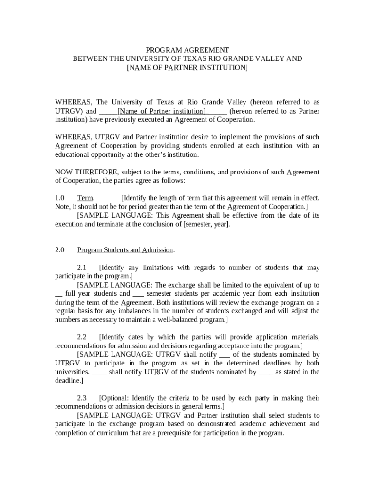 PROGRAM AGREEMENT - UTRGV Doc Template | pdfFiller