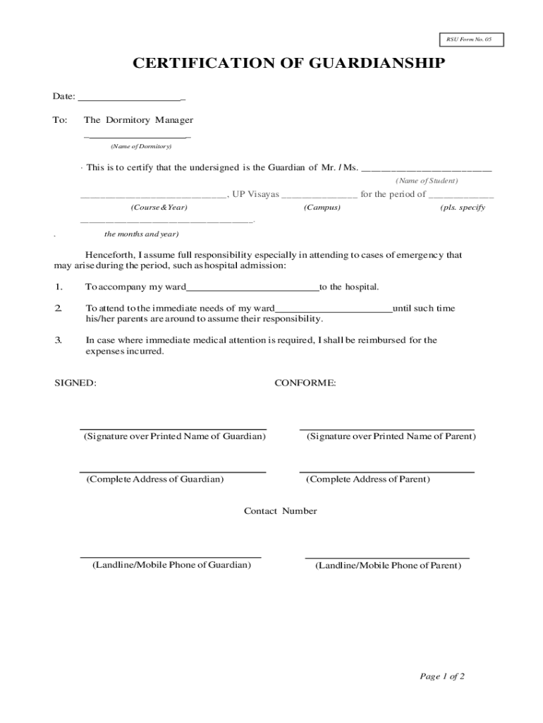 Fillable Online crs upv edu RSU Form No. 05 CERTIFICATION OF GUARDIANSHIP - University of the ...