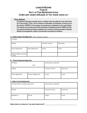 Fillable Online LABOUR BOARD FORM 22 D F R COMPLAINT UNDER S54(A OF THE ...