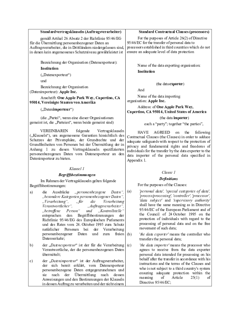 Fillable Online Standard Contractual Clauses (processors) Insitution exporter One Apple ... Fax ...