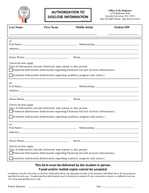 Fillable Online AUTHORIZATION TO Office of the Registrar 1570 Baltimore Pike DISCLOSE ... Fax ...