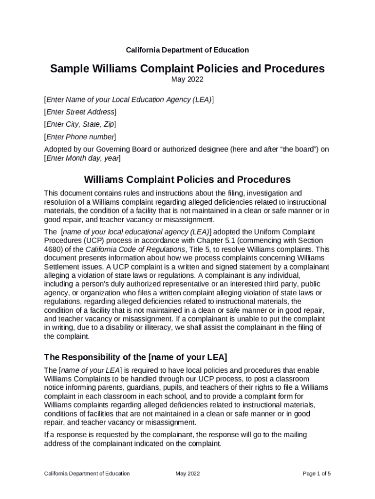 Sample Williams Complaint - California Department of Education Doc Template | pdfFiller