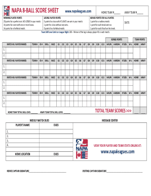 Fillable Online NAPA 8-BALL SCORE SHEET HOME TEAM NAME: AWAY TEAM NAME ...