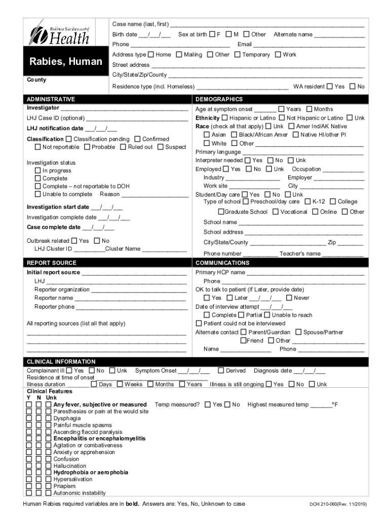 Fillable Online doh wa Reporting Form For Human Rabies. Form shows data ...