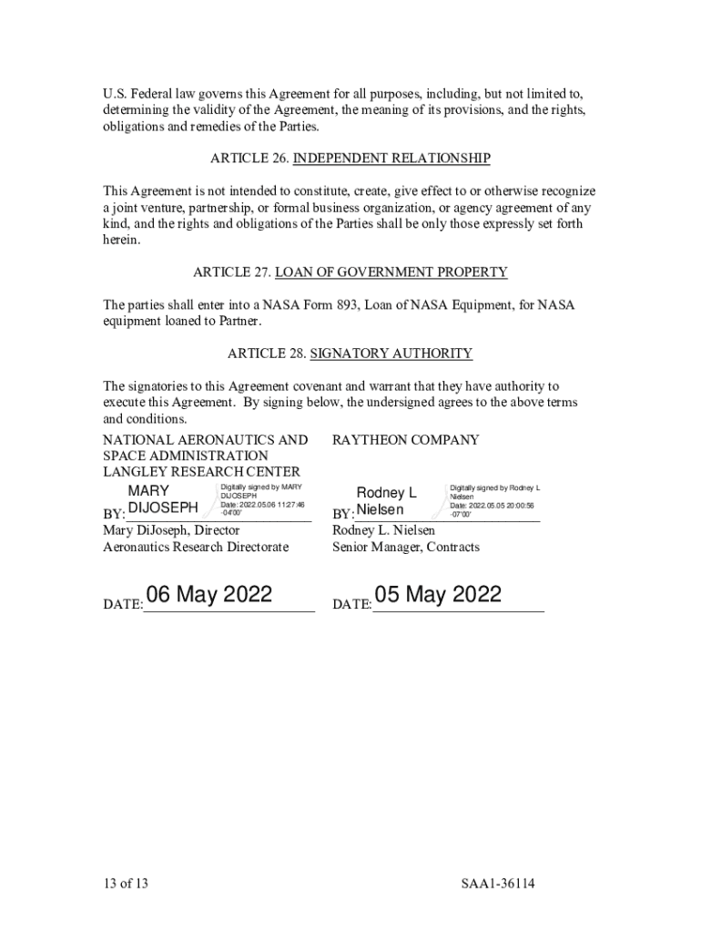 Fillable Online www.nasa.govsaadomesticNONREIMBURSABLE SPACE ACT UMBRELLA AGREEMENT BETWEEN ...