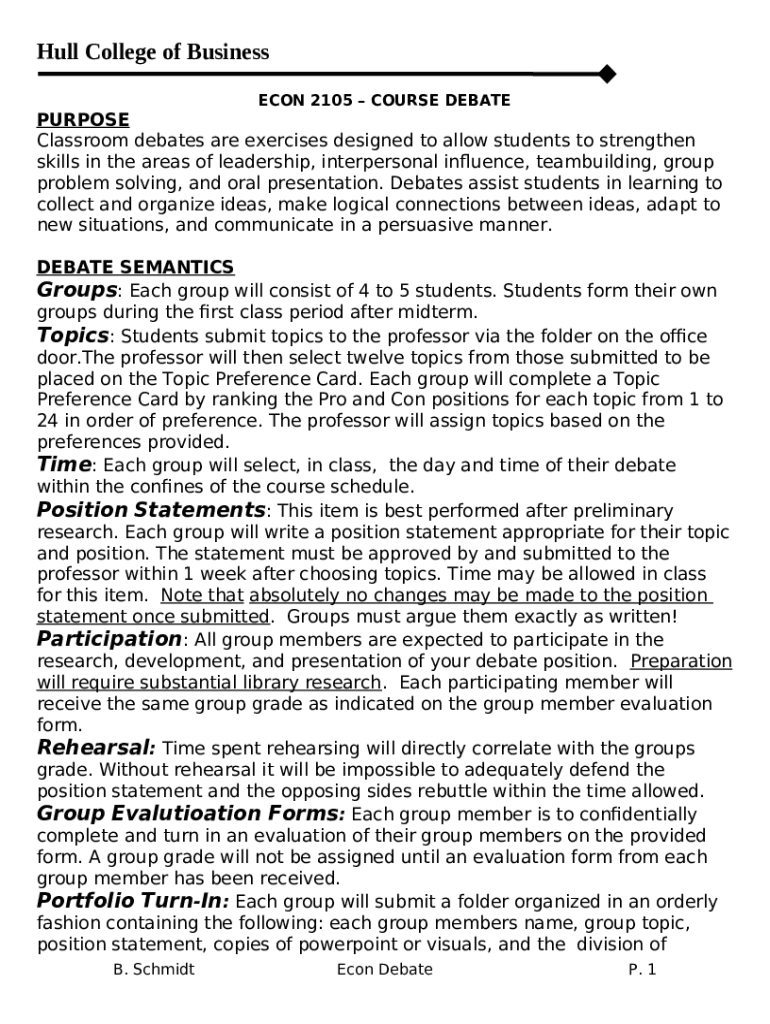 Classroom Debate Instructions - Augusta University Doc Template | pdfFiller
