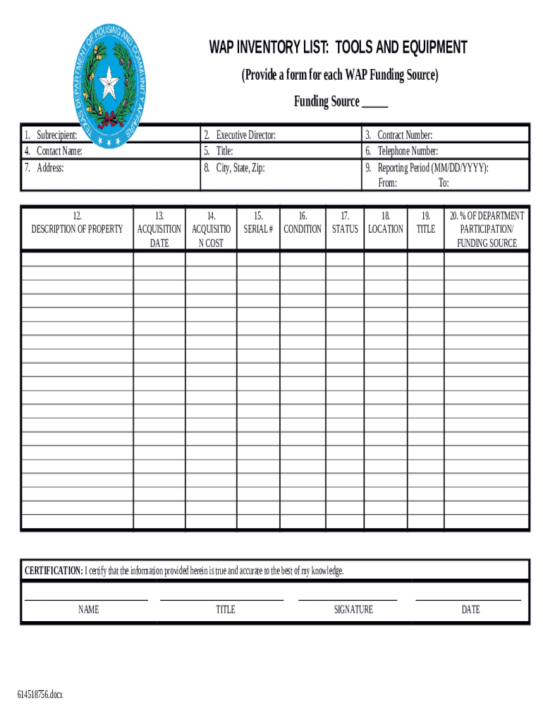 WAP Inventory - tdhca.state.tx.us Doc Template | pdfFiller