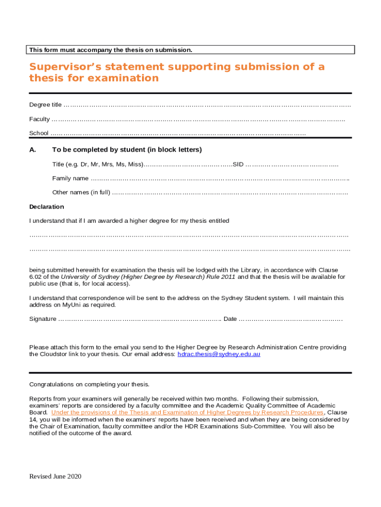Supervisor statement for thesis submission - University of Sydney Doc ...
