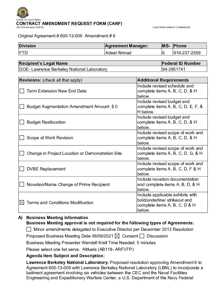Fillable Online STATE OF CALIFORNIA CONTRACT AMENDMENT REQUEST FORM ...