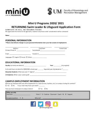 Fillable Online 2021 RETURNING Swim Leader & Lifeguard Application Form ...