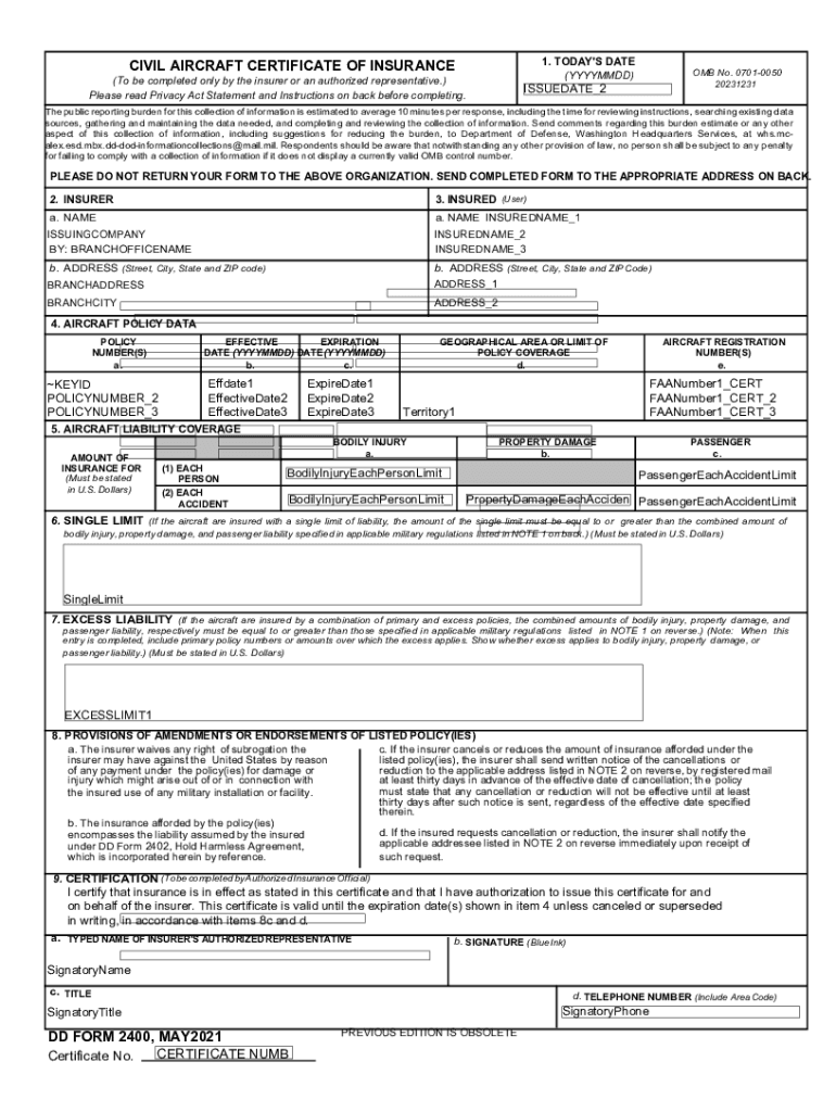Fillable Online Get CIVIL AIRCRAFT CERTIFICATE OF INSURANCE 1. TODAY S ...
