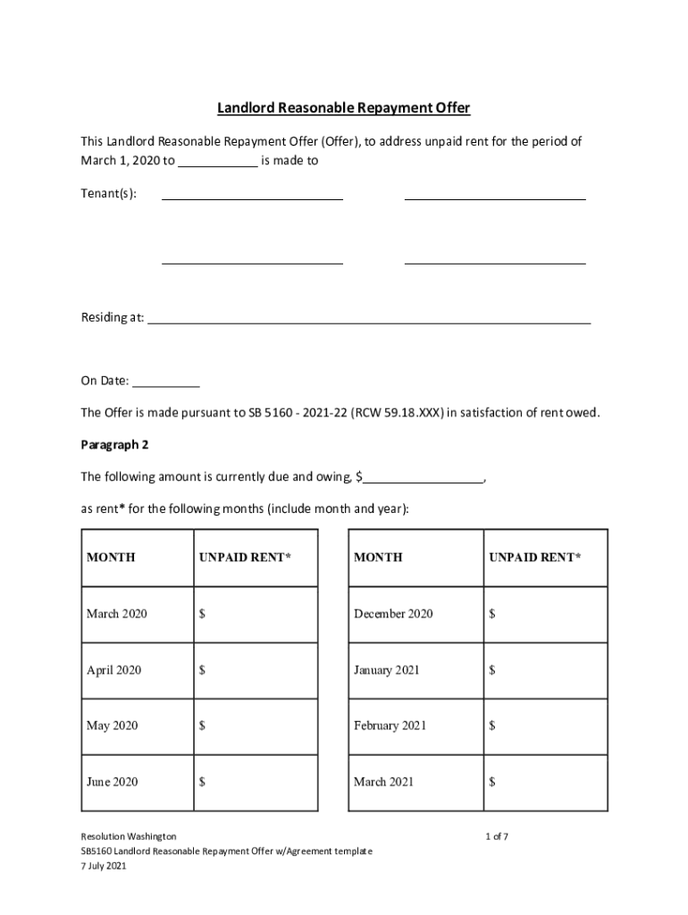 Fillable Online Landlord Reasonable Repayment Offer w Agreement (SB ...