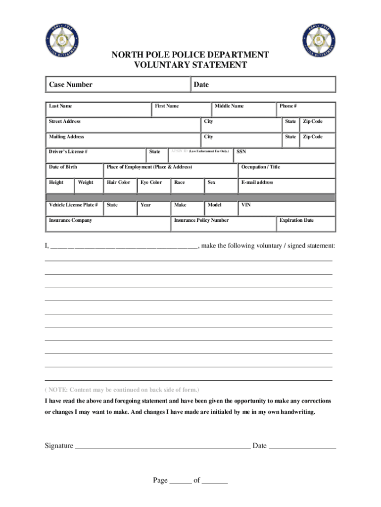 Fillable Online NORTH POLE POLICE DEPARTMENT VOLUNTARY STATEMENT Fax ...