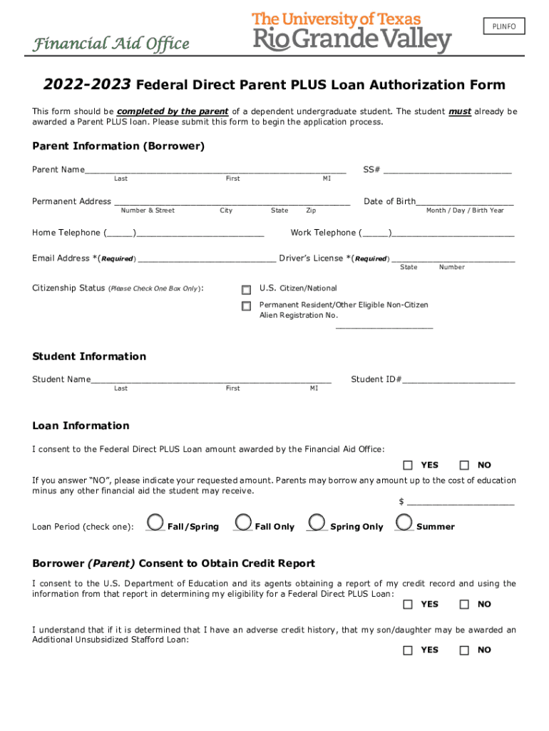 Fillable Online 2022-2023 Federal Direct Parent PLUS Loan Authorization ...