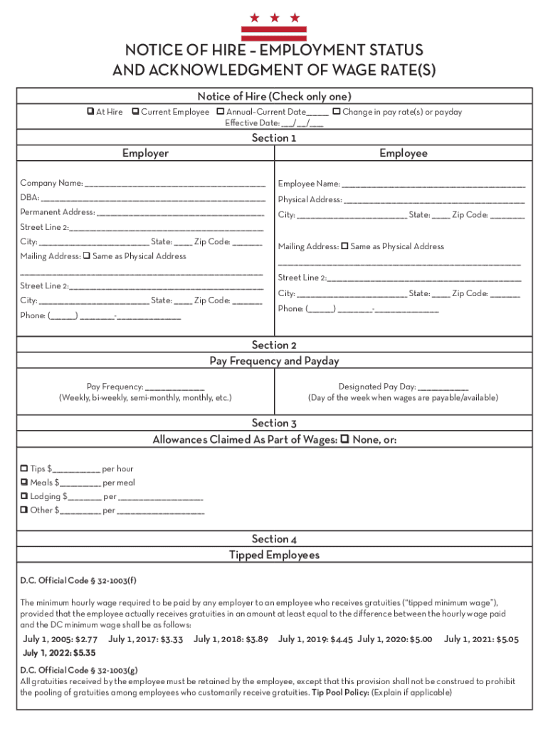 Fillable Online does dc NOTICE OF HIRE EMPLOYMENT STATUS AND ...