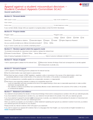 Fillable Online Student appeal form - misconduct decision - RMIT Fax ...