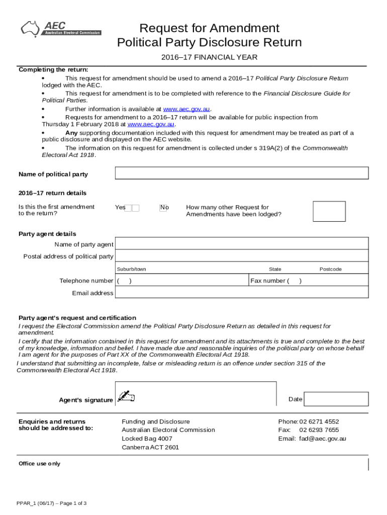 Request for Amendment - Political Party Disclosure Return FINANCIAL ...