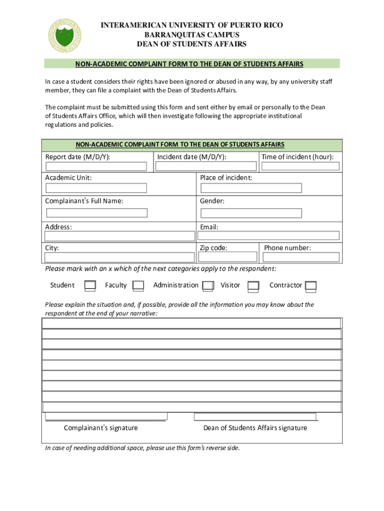 Fillable Online INTERAMERICAN UNIVERSITY OF PUERTO RICO BARRANQUITAS CAMPUS DEAN OF ... Fax ...