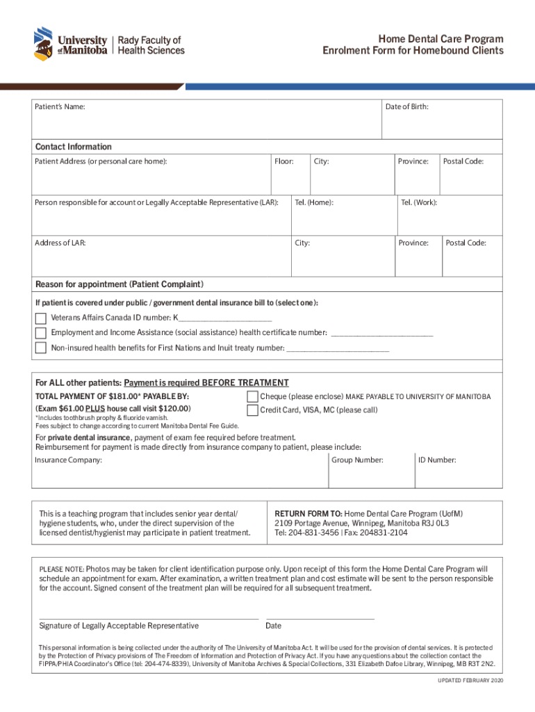 Fillable Online Home Dental Care Program Enrolment Form for Homebound ...