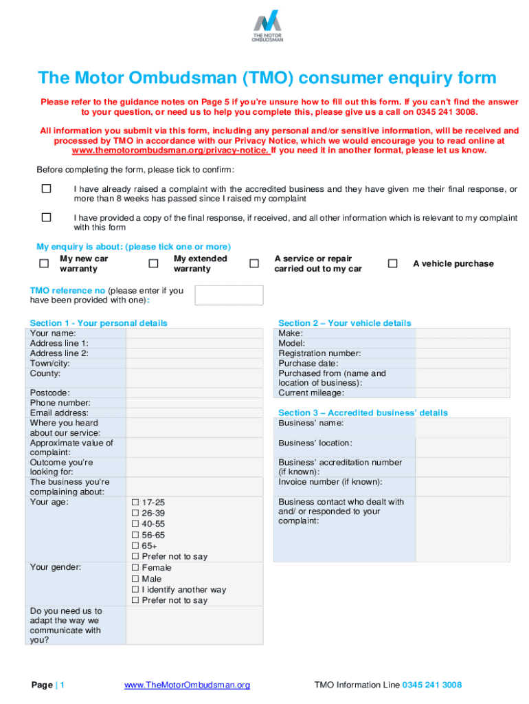 Fillable Online The Motor Ombudsman (TMO) consumer enquiry form Fax ...