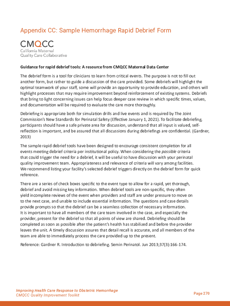 Fillable Online Appendix CC: Sample Hemorrhage Rapid Debrief Form ...