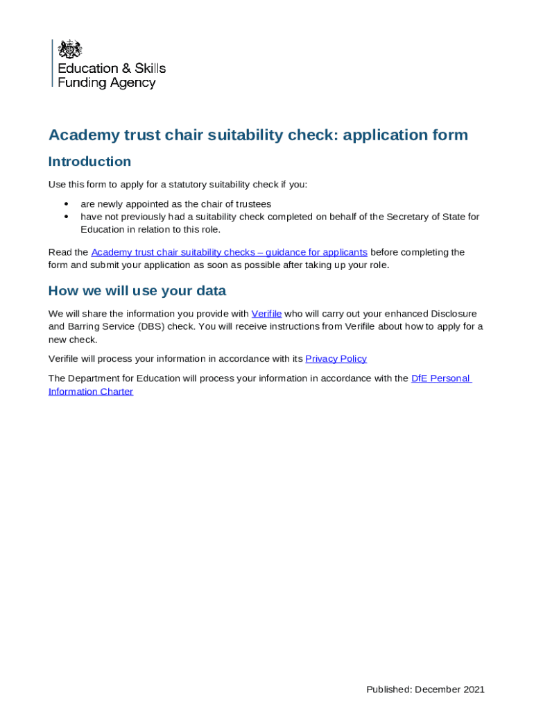 Academy trust chair suitability check: application Doc Template | pdfFiller
