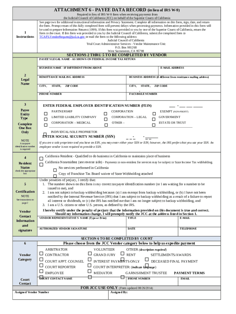 PAYEE DATA RECORD (in lieu of IRS W-9) Required in lieu of IRS W-9 ...