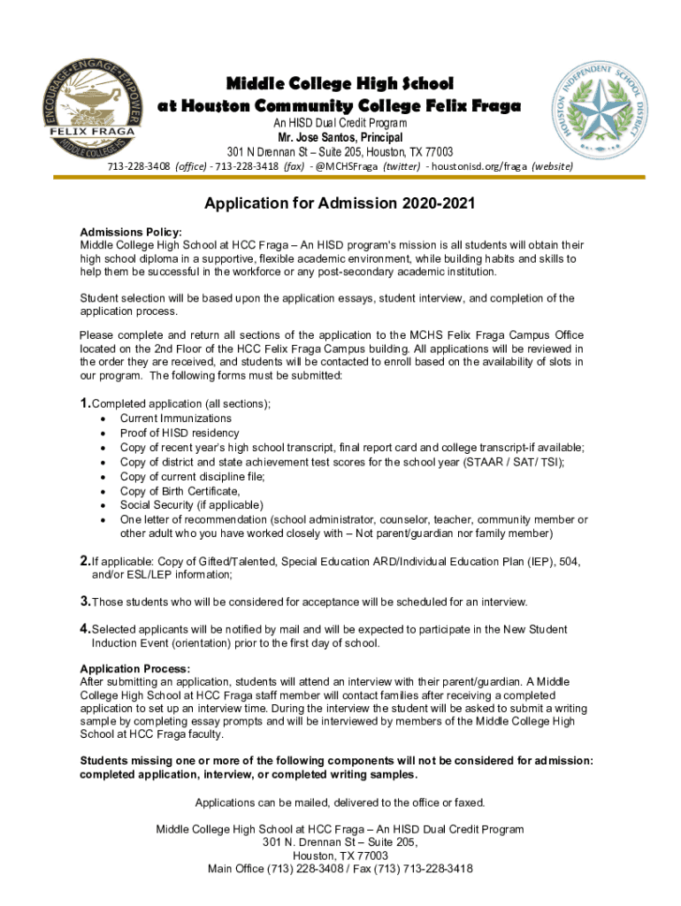 Fillable Online Middle College at Felix Fraga / Homepage - Houston ...