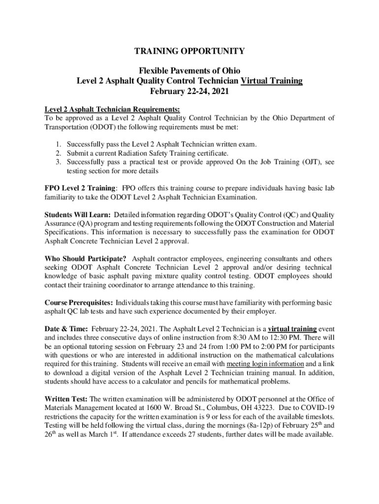 Fillable Online TRAINING OPPORTUNITY Flexible Pavements of Ohio Level 2 ...