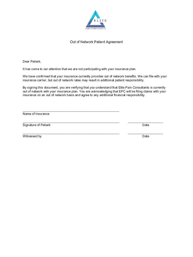 Fillable Online Out of Network Patient Agreement Fax Email Print ...
