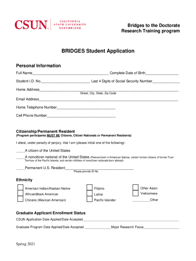 Fillable Online www.csun.edusitesdefaultBRIDGES Student Application ...