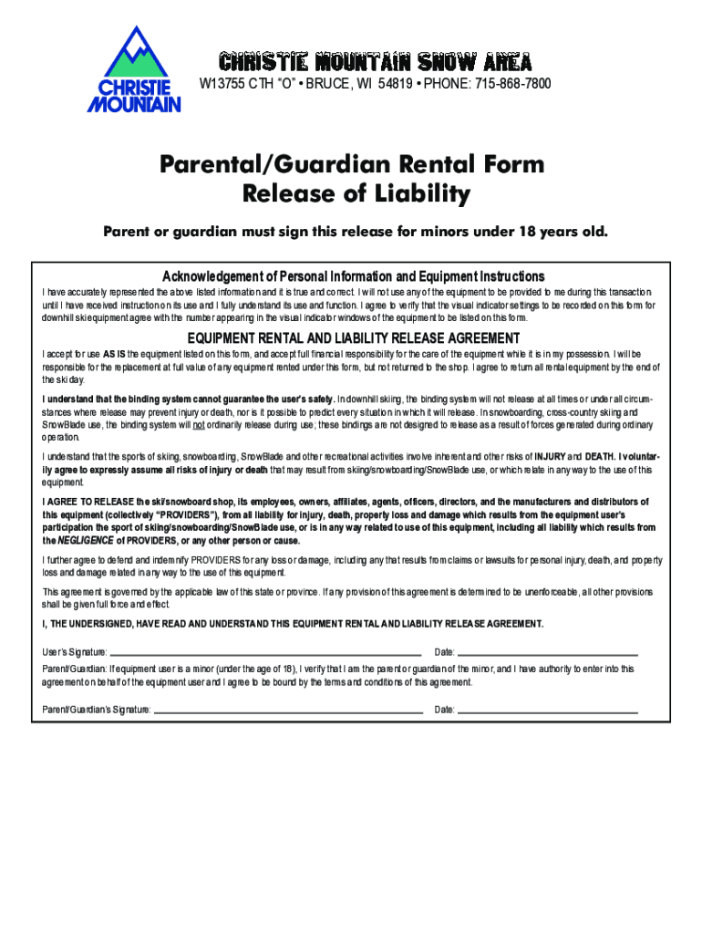 Fillable Online Parental/Guardian Rental Form Release of Liability ...