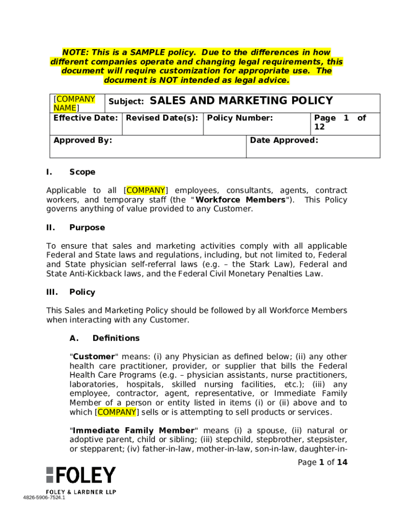 Sales Marketing Policy Template - ACC Doc Template | pdfFiller