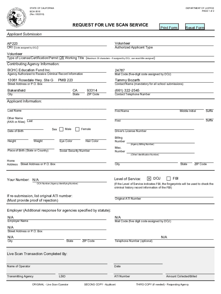 Fillable Online BCIA 8016, Request for Live Scan Service - kernsheriff ...