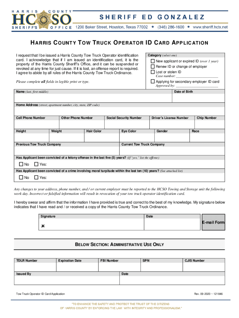 2020-2026 Form TX Tow Truck Operator ID Card Application - Harris County Fill Online, Printable ...