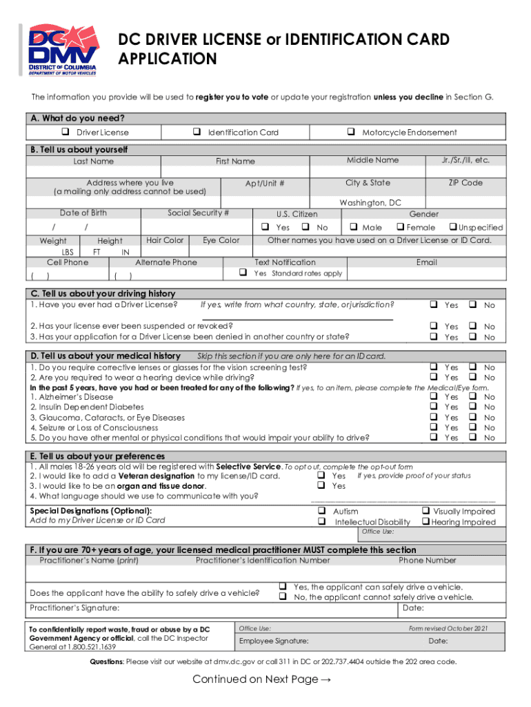 Fillable Online dmv dc dmv.dc.govsitesdefaultDC DRIVER LICENSE or ...