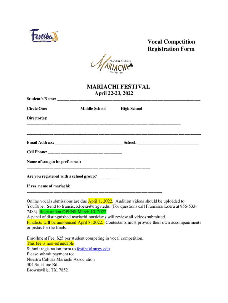 Fillable Online Vocal Competition Registration Form MARIACHI FESTIVAL ...