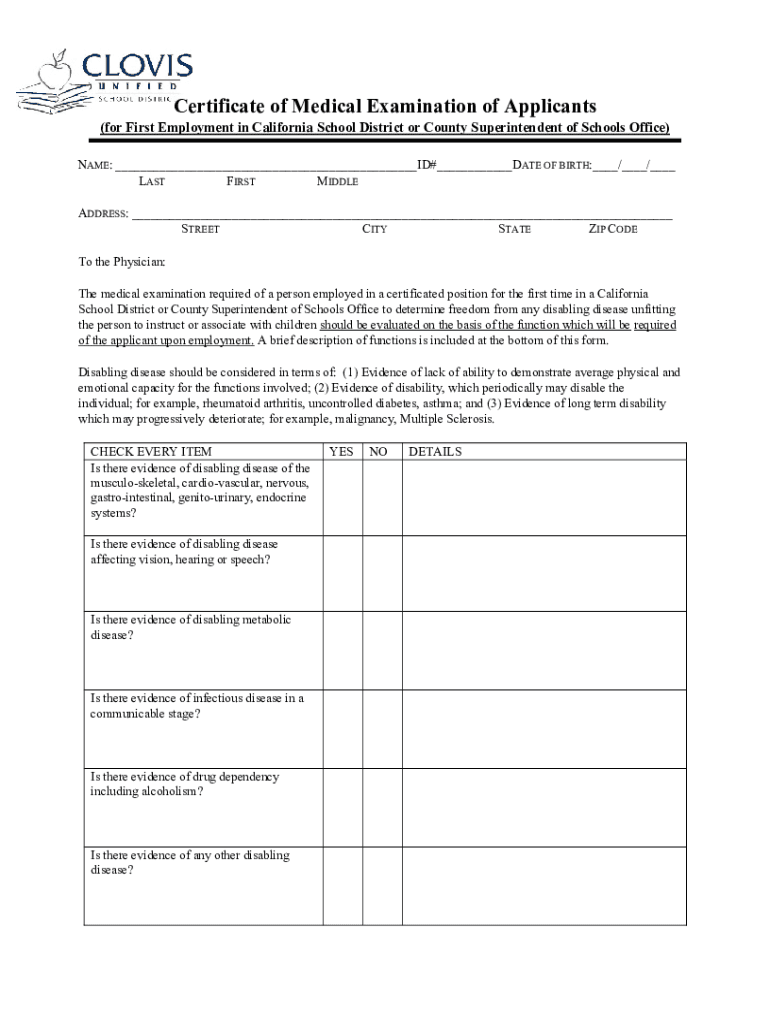 Fillable Online Certificate of Medical Examination of Applicants for ...
