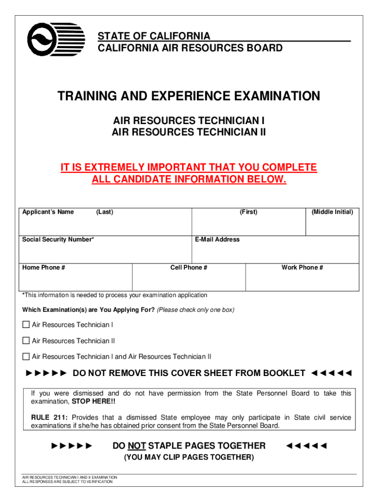 Fillable Online Air Resources Technician I & II Training and Experience ...