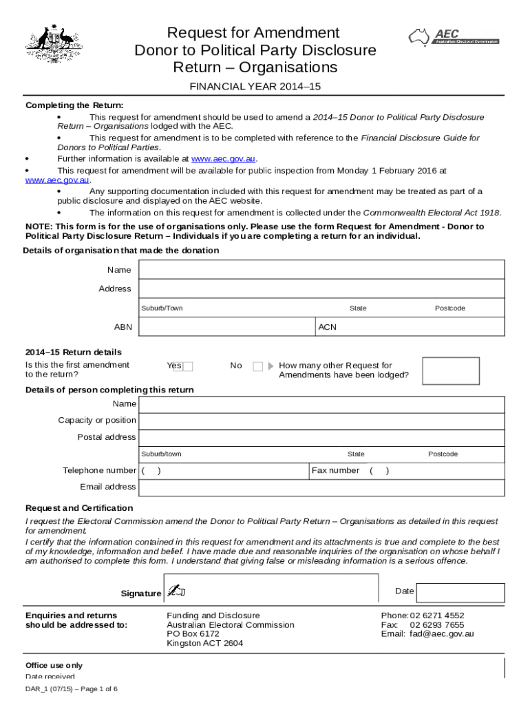 www.aec.gov.au s filesDonor to Political Party Organisation Amendment Doc Template | pdfFiller