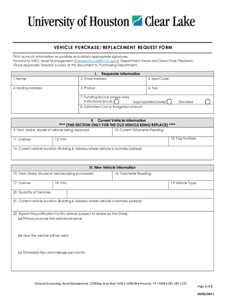 Fillable Online VEHICLE PURCHASE/ REPLA CEMENT REQUEST FORM ...