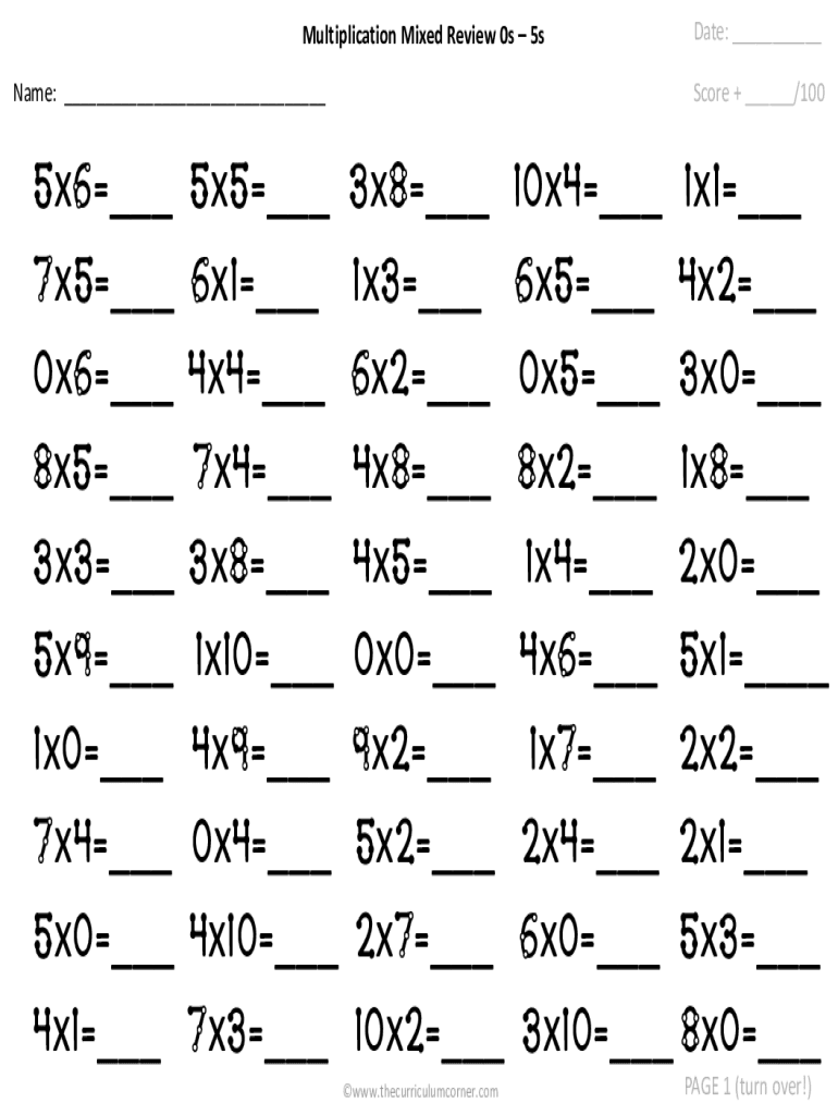Fillable Online Name: Date: Multiplication Mixed Review 0s 5s Score ...