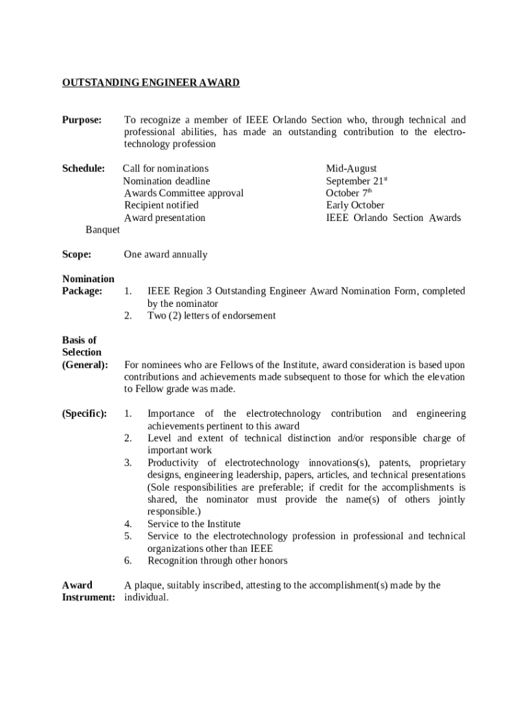 OUTSTANDING ENGINEERING EDUCATOR AWARD - IEEE Doc Template | pdfFiller